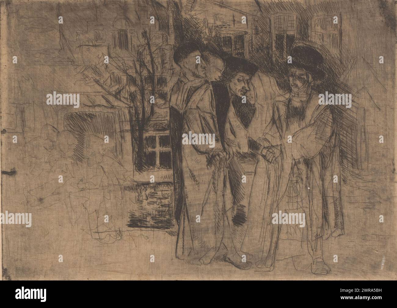 Meeting between five people on the street, print maker: Henri Leys ...