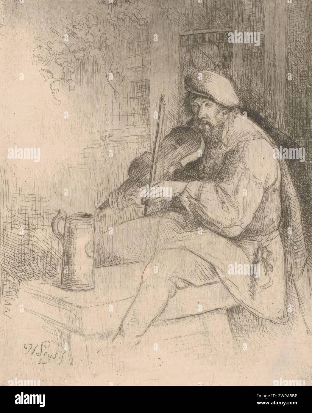 Musician plays violin, print maker: Henri Leys (baron), 1825 - 1869 ...