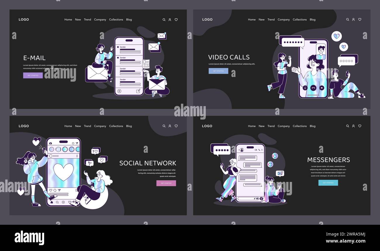 Digital Communication set. Email, video calls, social networking, and instant messaging through ...