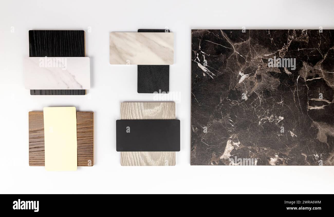 Black marble texture, a collection of stone samples and veneered wood ...