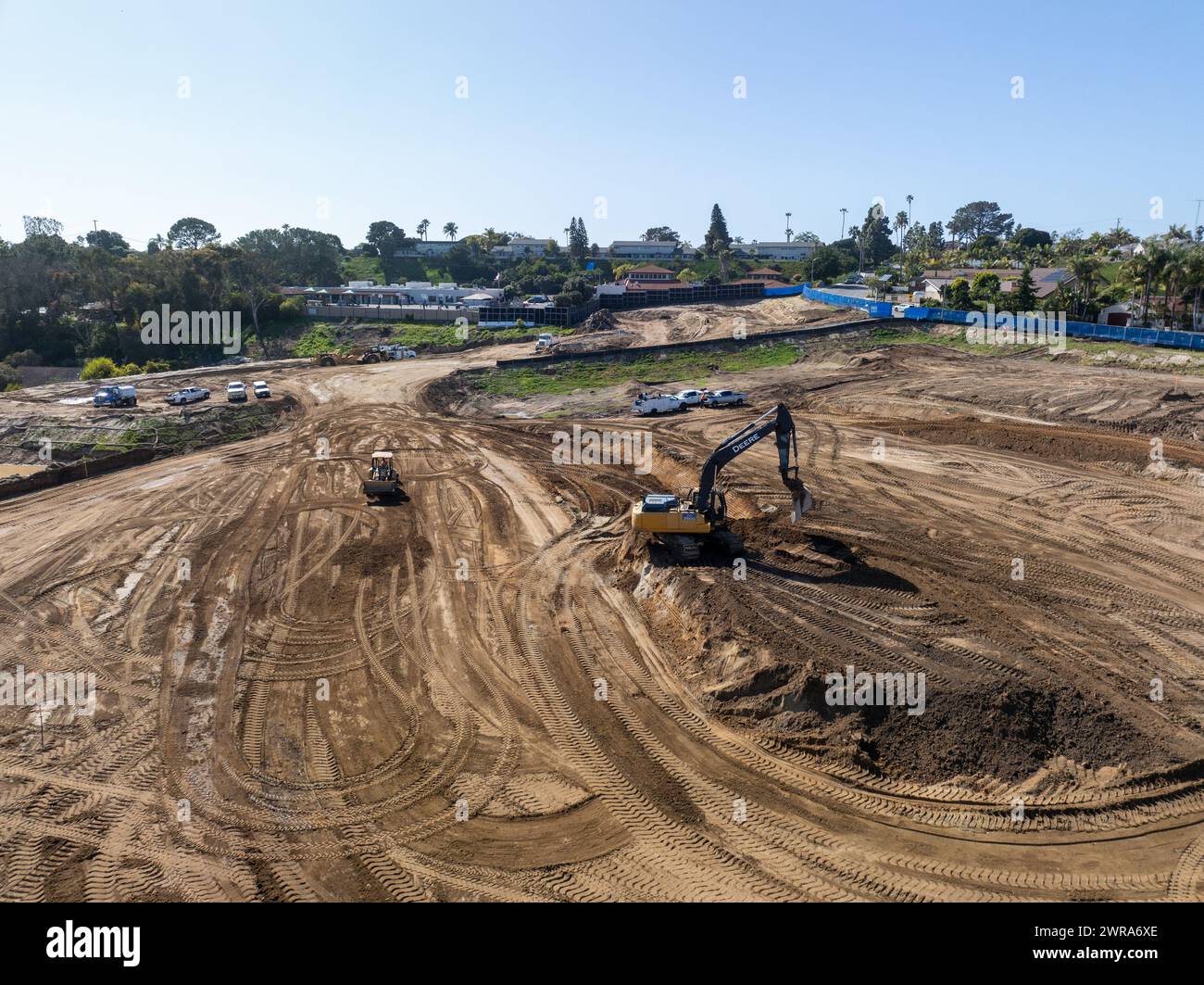 Aerial view of heavy construction equipment working at the construction ...