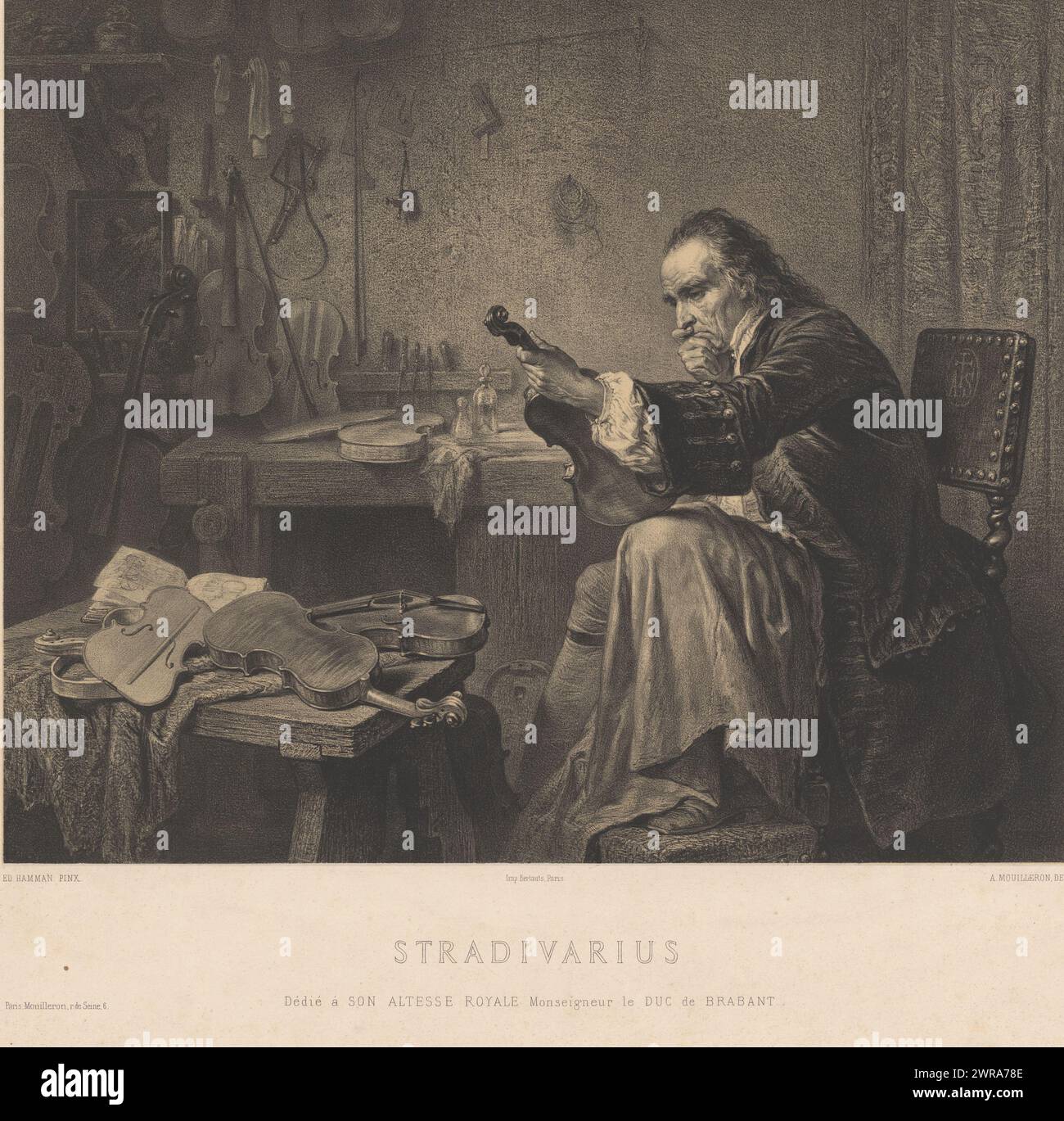 Antonio Stradivari in his studio, Stradivarius (title on object), The violin maker Antonio ...