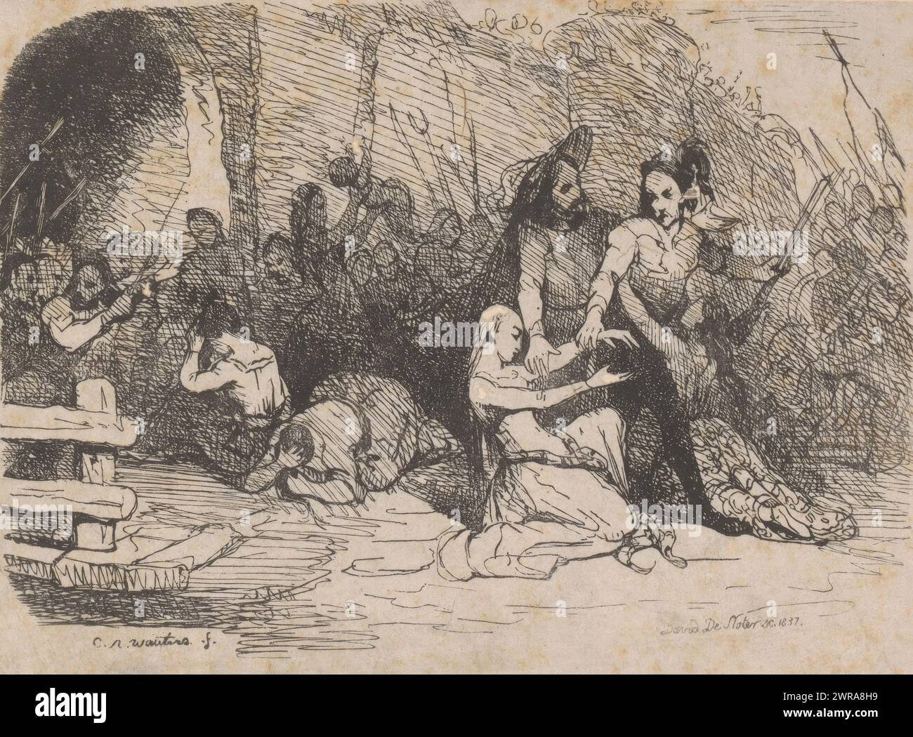 Battle scene at the gate of a walled city, print maker: David Emile ...