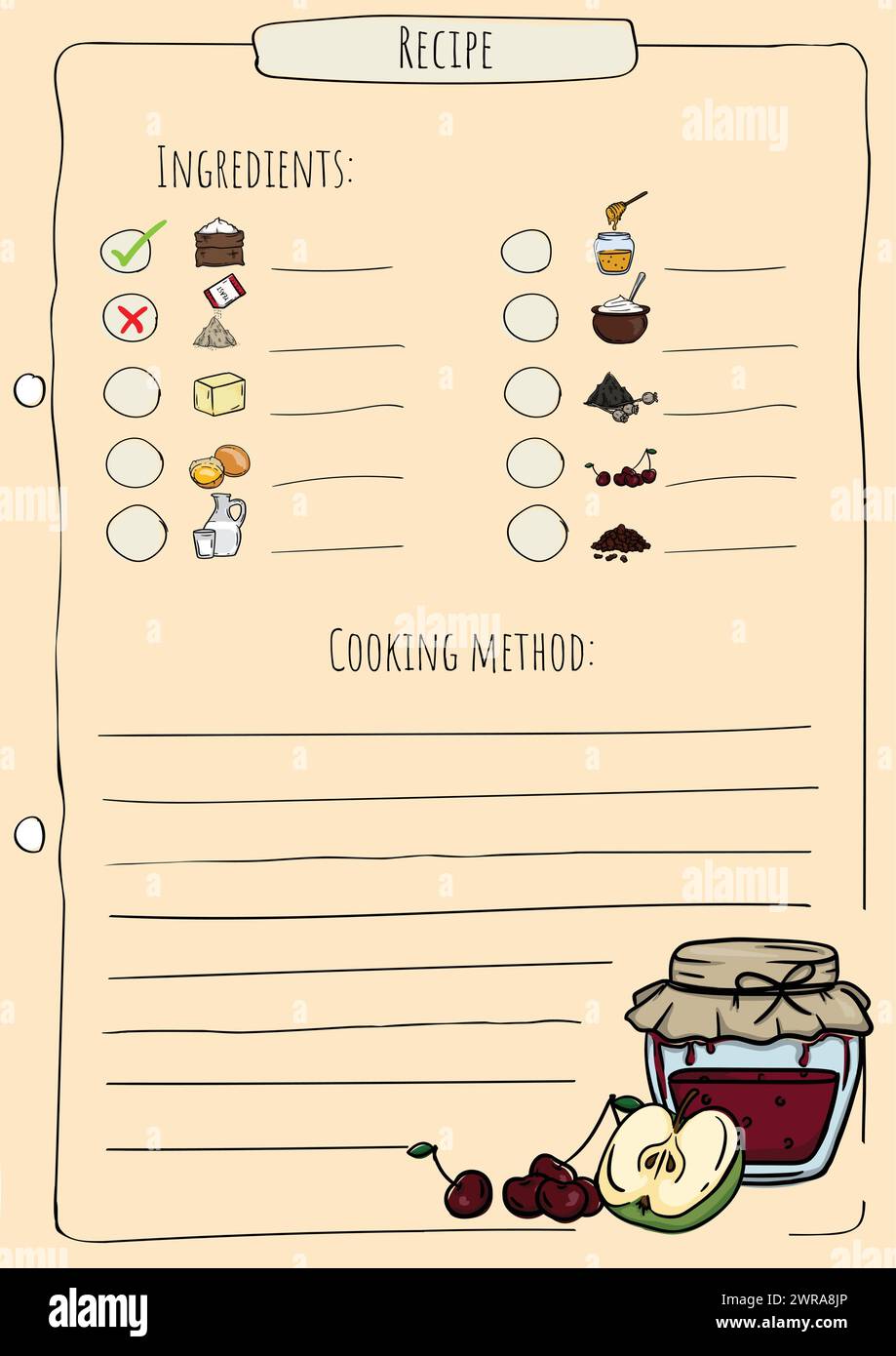 Recipe page template with list of ingredients, space for description ...