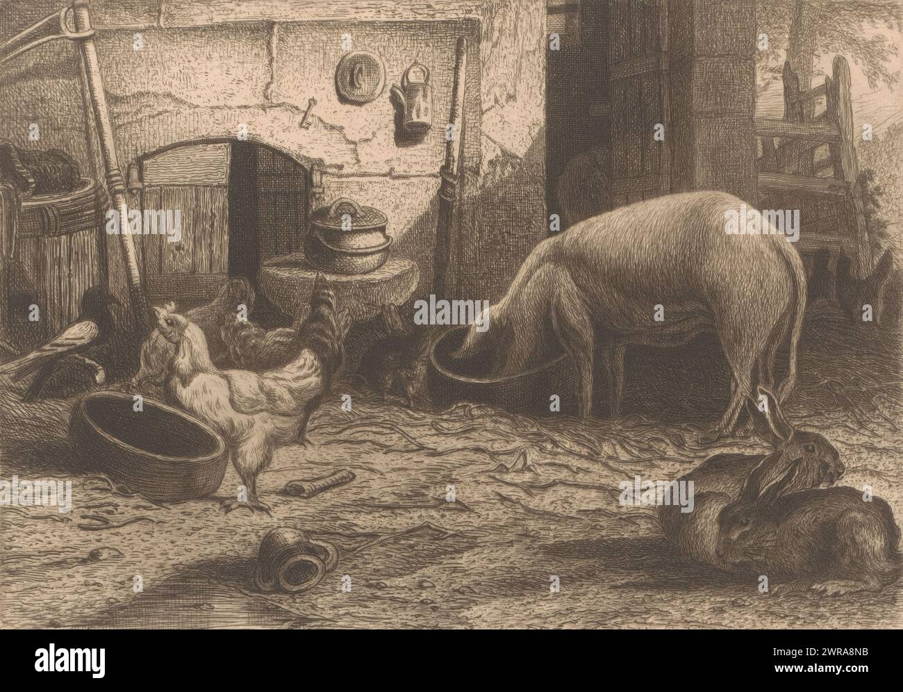 Pig, chickens and rabbits near a barn, print maker: Auguste Numans ...
