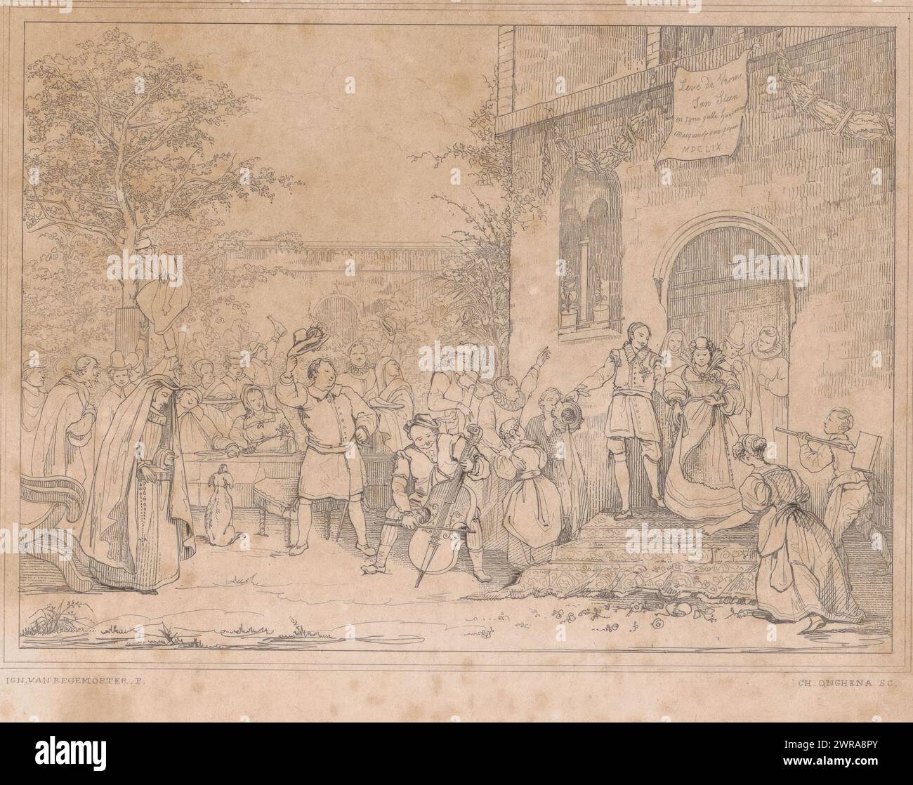 Party in honor of Jan Steen and his wife, print maker: Charles Onghena ...