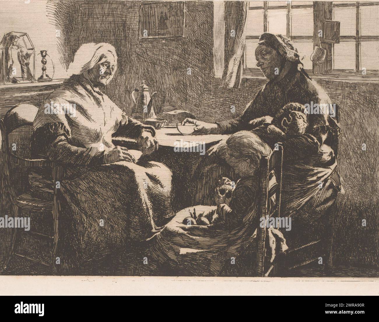 Mother with two children visiting grandmother, print maker: Frans ...
