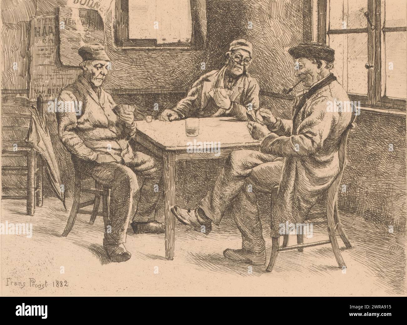 Three men playing cards in a cafe, print maker: Frans Proost, (signed ...