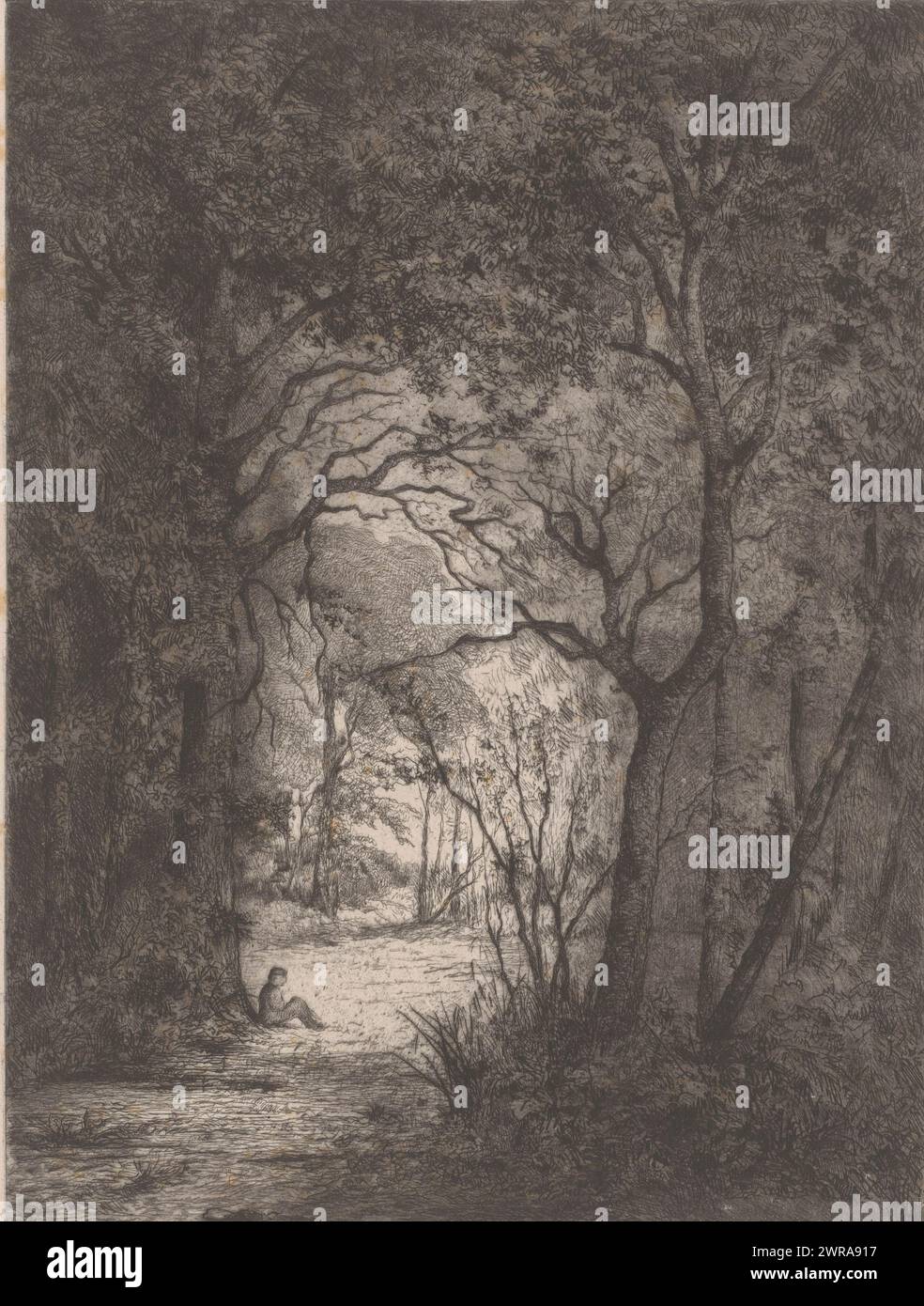 Man resting in a clearing in a forest, print maker: Emilie Rolin ...