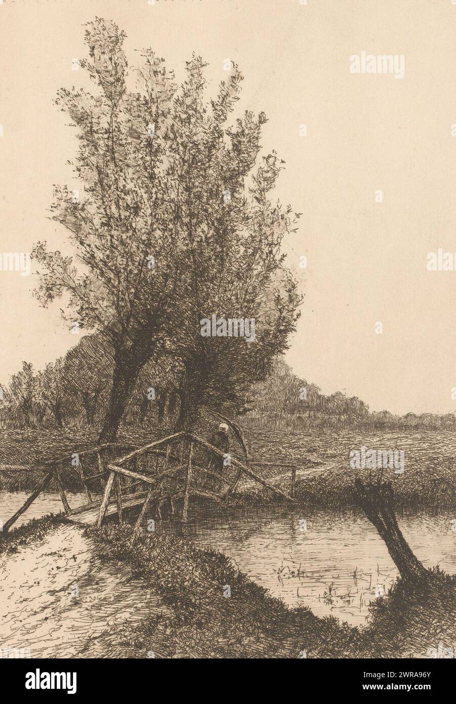 Figure with umbrella walks over a bridge, print maker: Henri Rul, 1872 ...
