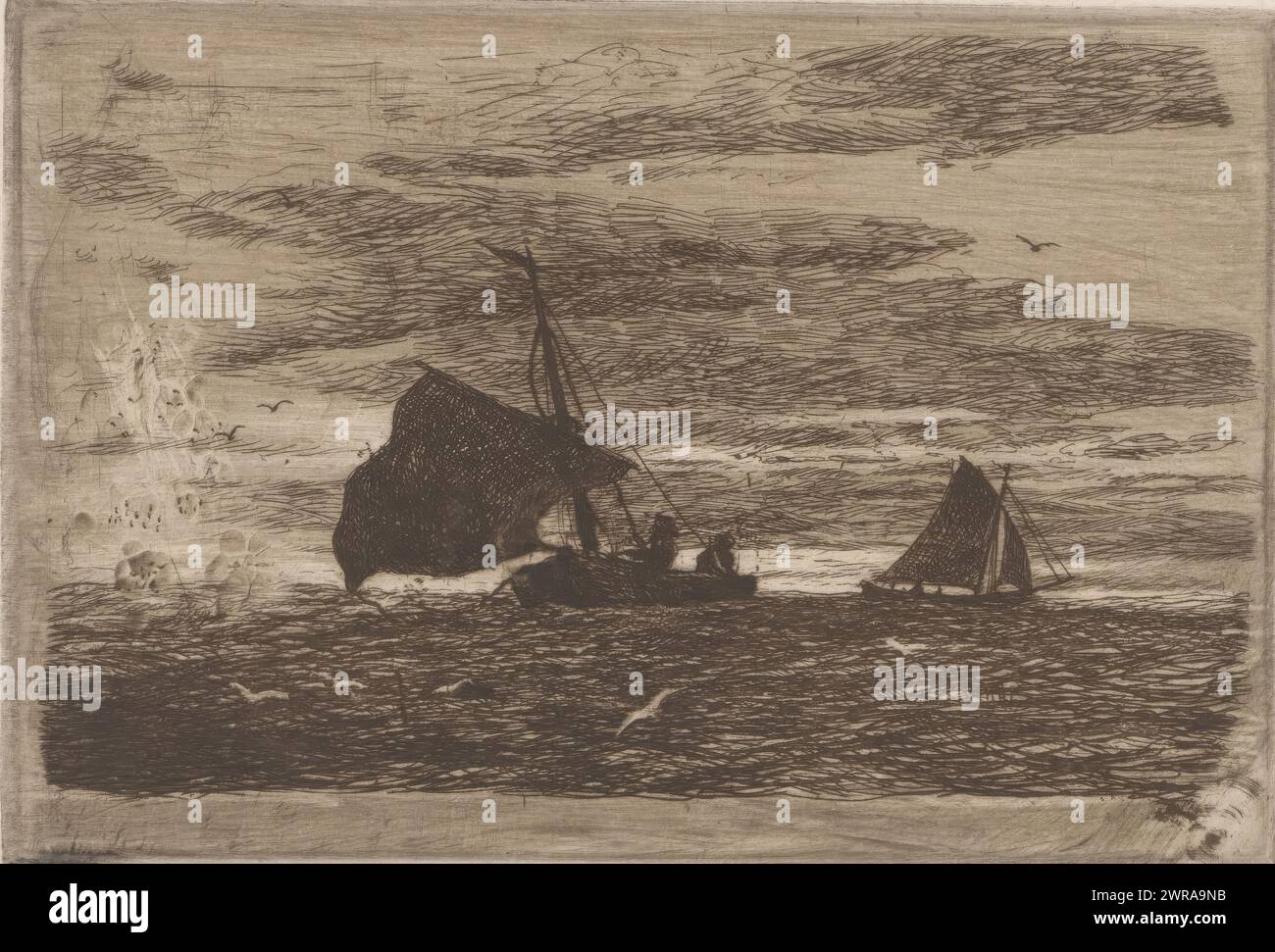 Seascape with two sailing ships, print maker: Jerôme Tuyttens, c. 1850 ...