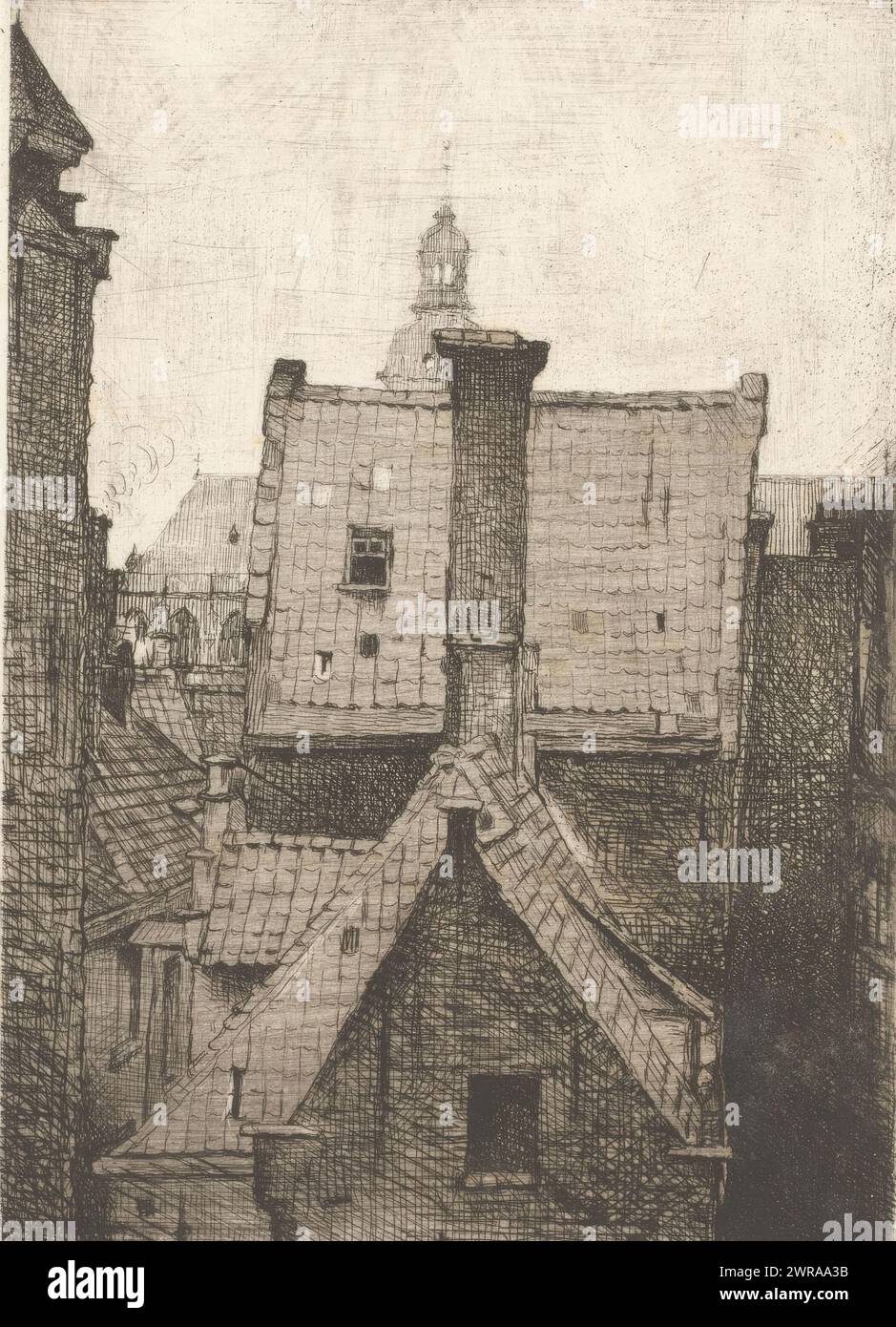 View of roofs with a chimney, a church in the background, print maker ...