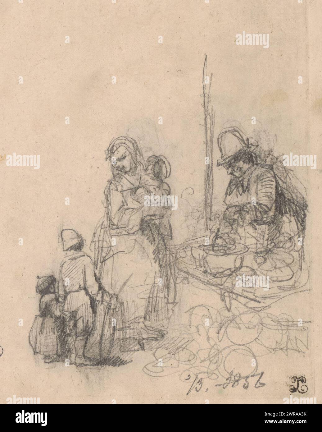 Woman with three children at a seller. The seller is stirring a pan and ...