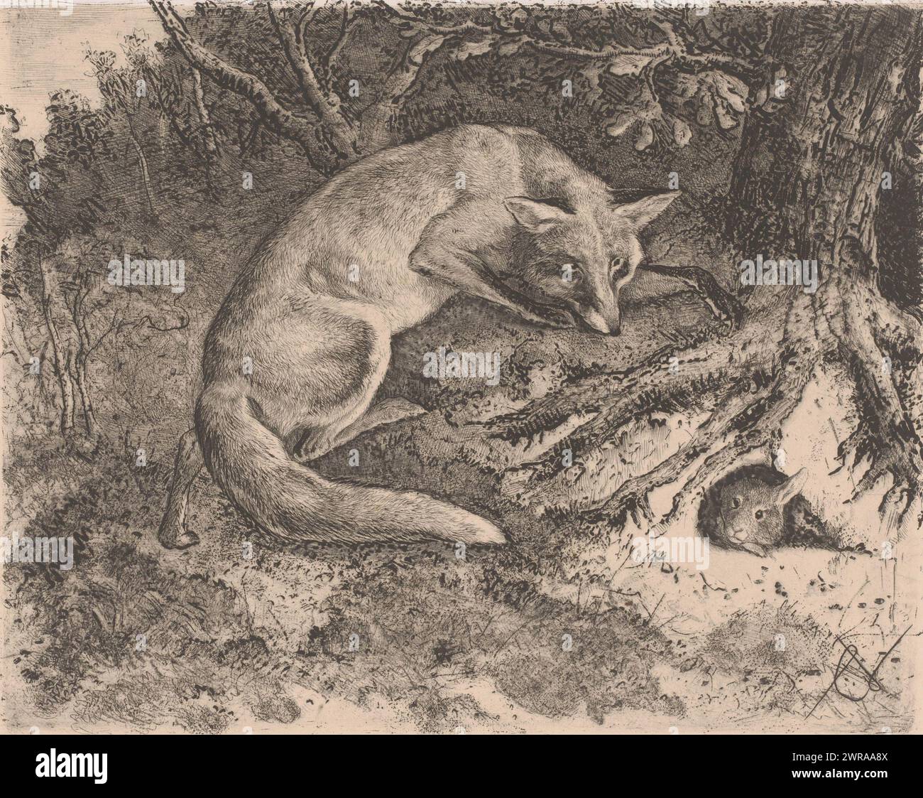 Fox hunting a rabbit, print maker: Charles Verlat, 1834 - 1890, paper, etching, drypoint ...