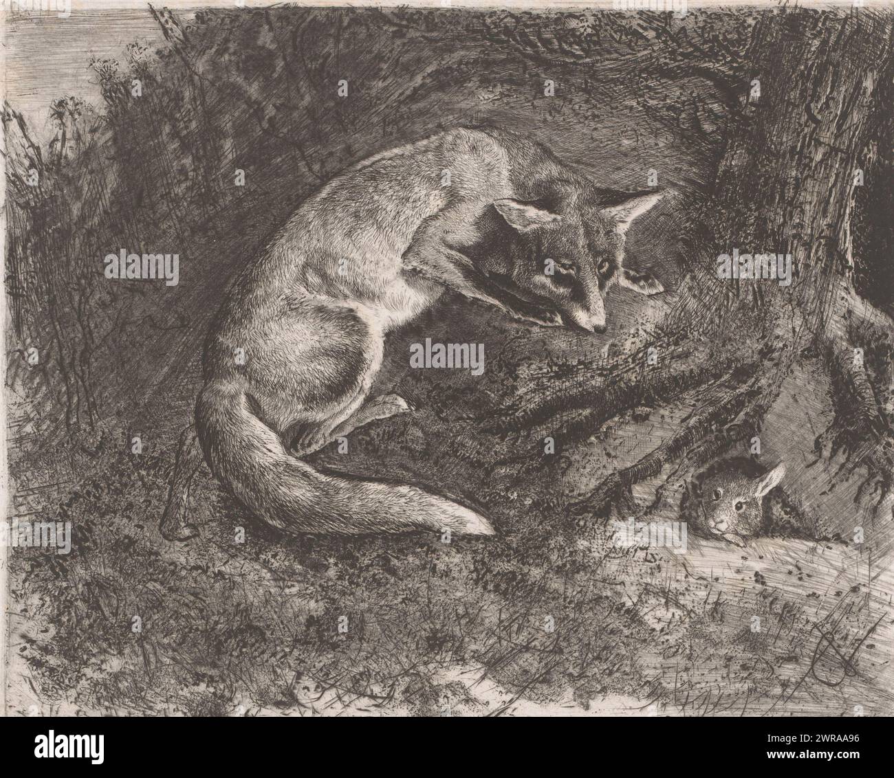 Fox hunting a rabbit, print maker: Charles Verlat, 1834 - 1890, paper ...