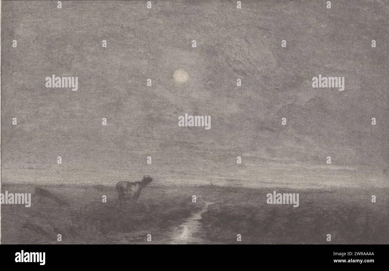 Night landscape with a cow by a stream, print maker: Henri Houben ...
