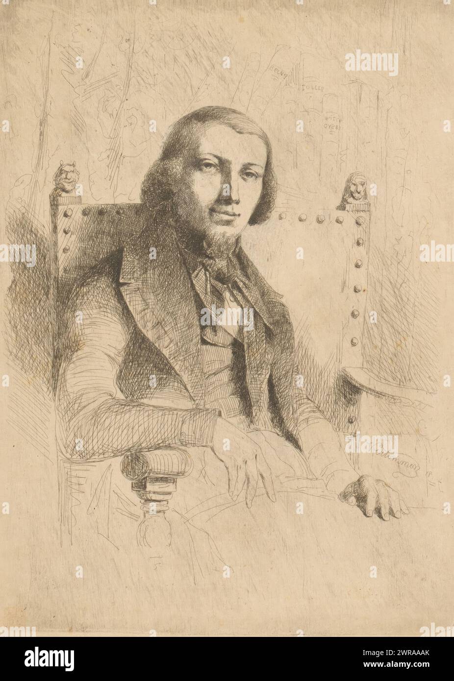 Portrait of an unknown man in an armchair in front of a bookcase, print ...