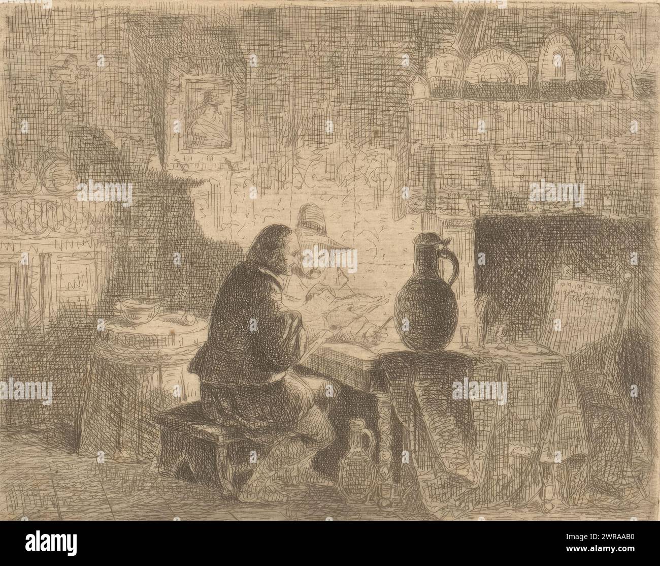 Interior with two men reading at a table with a jug, print maker ...