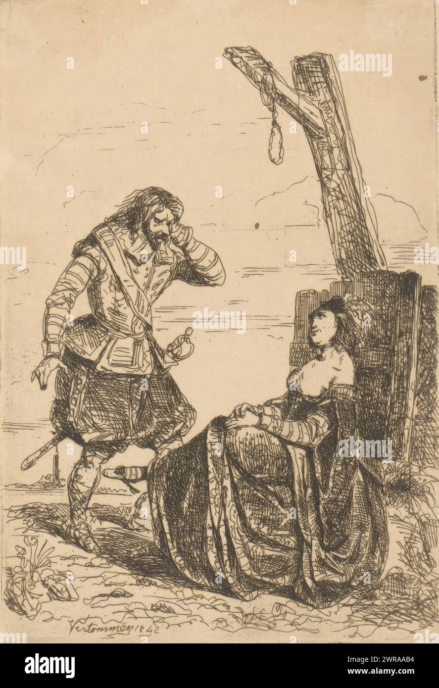Warrior stands with a woman seated under a gallows, print maker ...