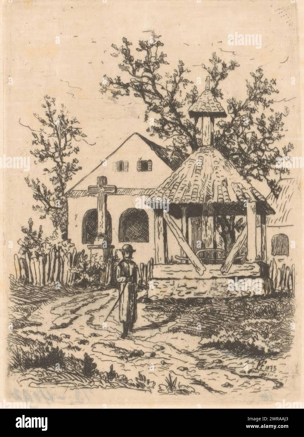 Road past well and stone cross, print maker: Maria van Hohenzollern ...