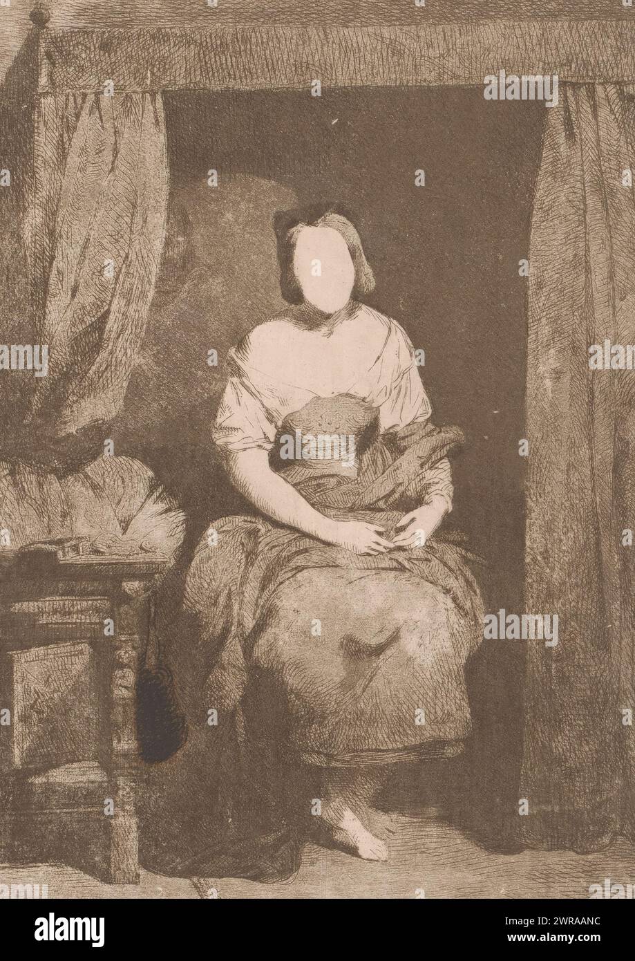 Young woman seated on a bed, print maker: Gustave Wappers, (attributed ...