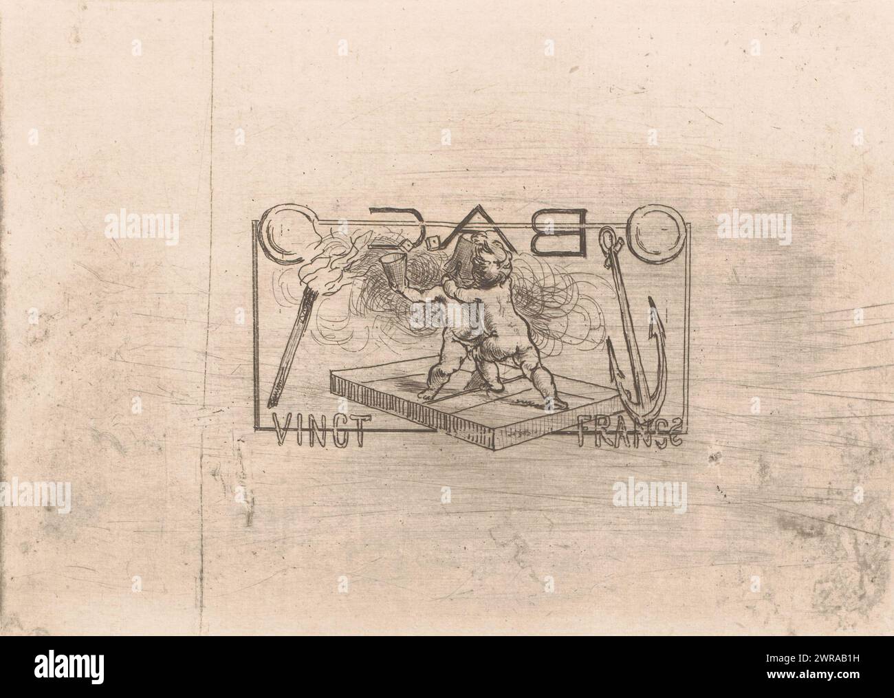 Two putti with dice game, a torch and an anchor, Vingt France (title on ...