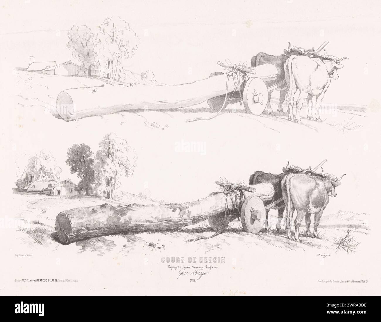 Two cattle pull a tree trunk on wheels, Drawing course with studies of ...