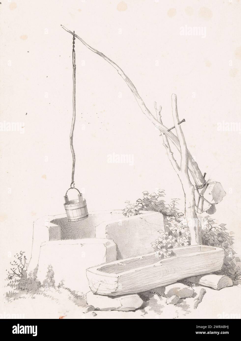 Water well with bucket and drinking trough, Drawing course with studies ...