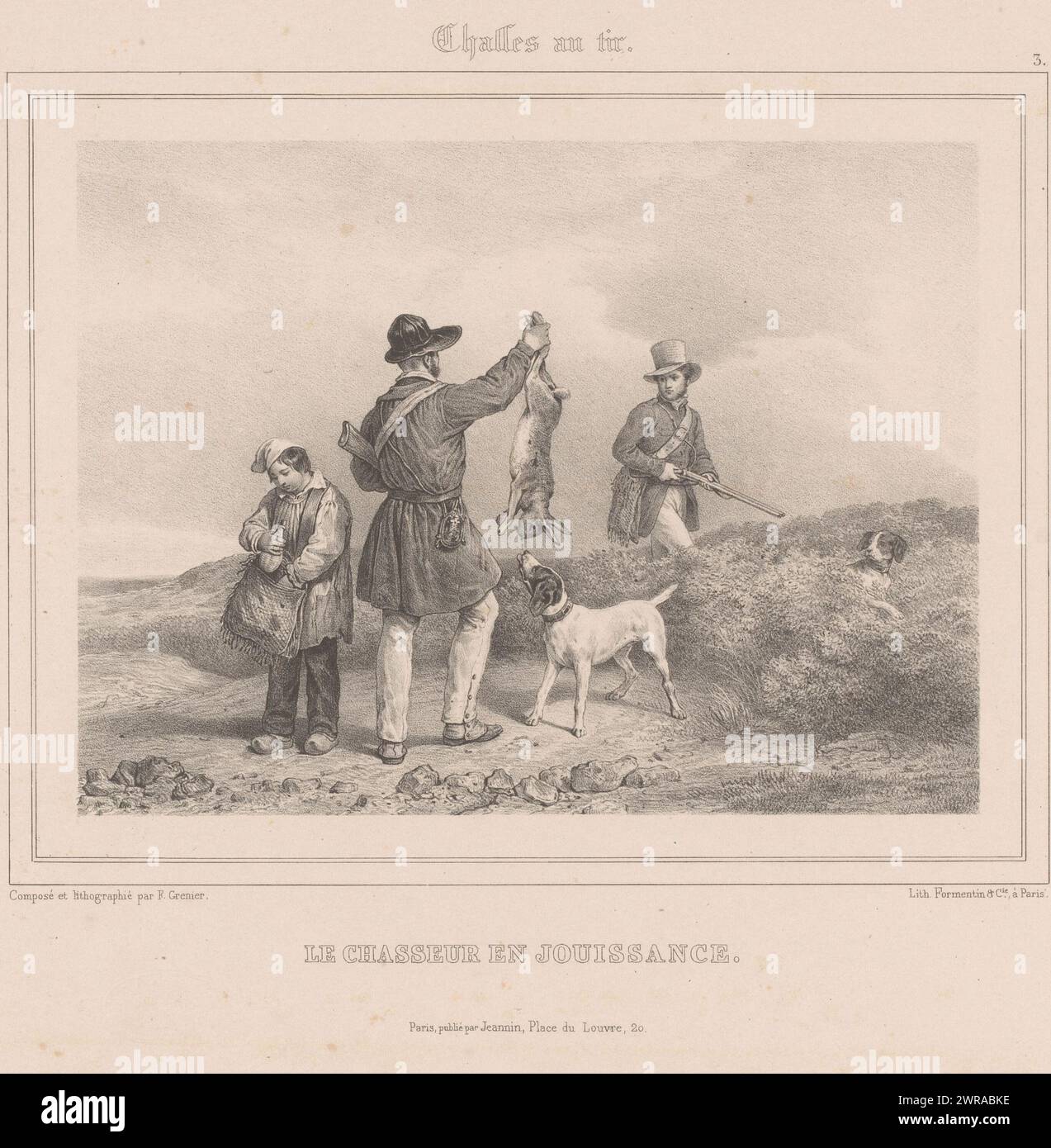 Hunter shows another hunter his shot hare, Le chasseur en jouissance ...