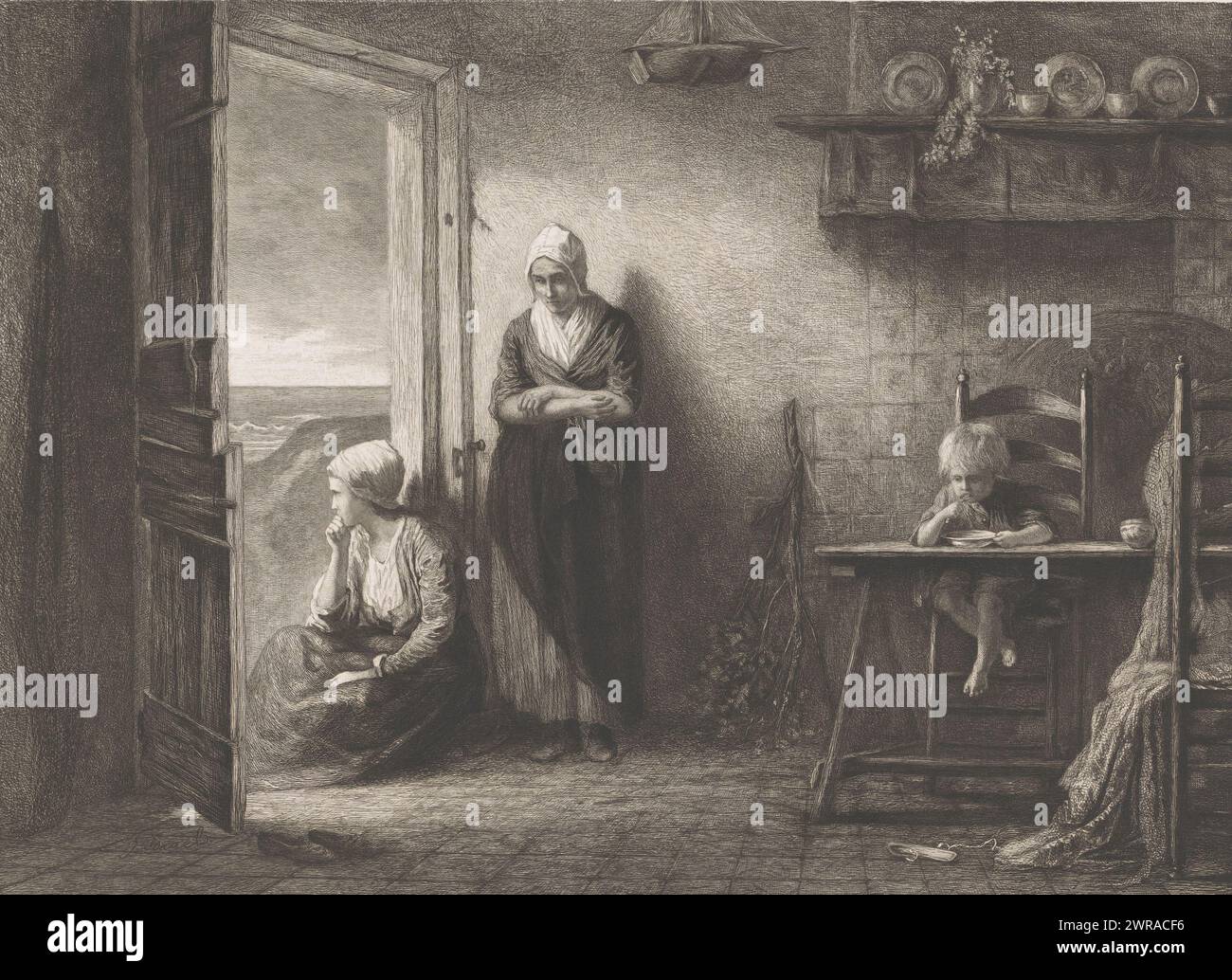Two women and a child in a fisherman's house in the dunes, After the ...
