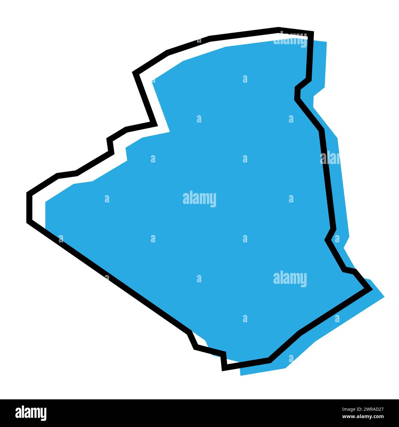 Algeria country simplified map. Blue silhouette with thick black contour outline isolated on ...