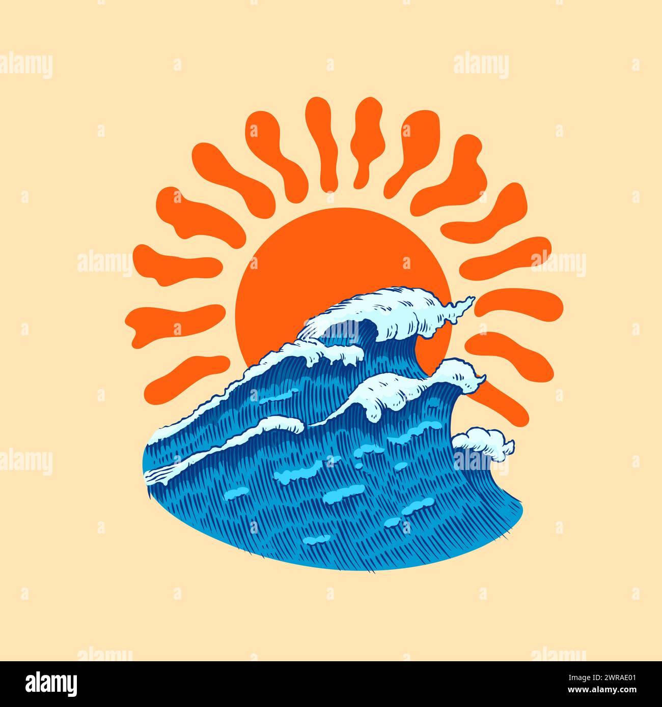 Atlantic tidal waves and red sun. Vintage old engraved hand drawn ...