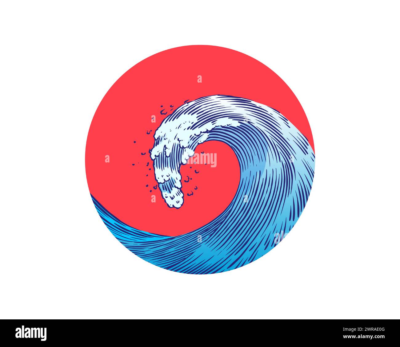 Atlantic tidal waves and red sun. Vintage old engraved hand drawn ...