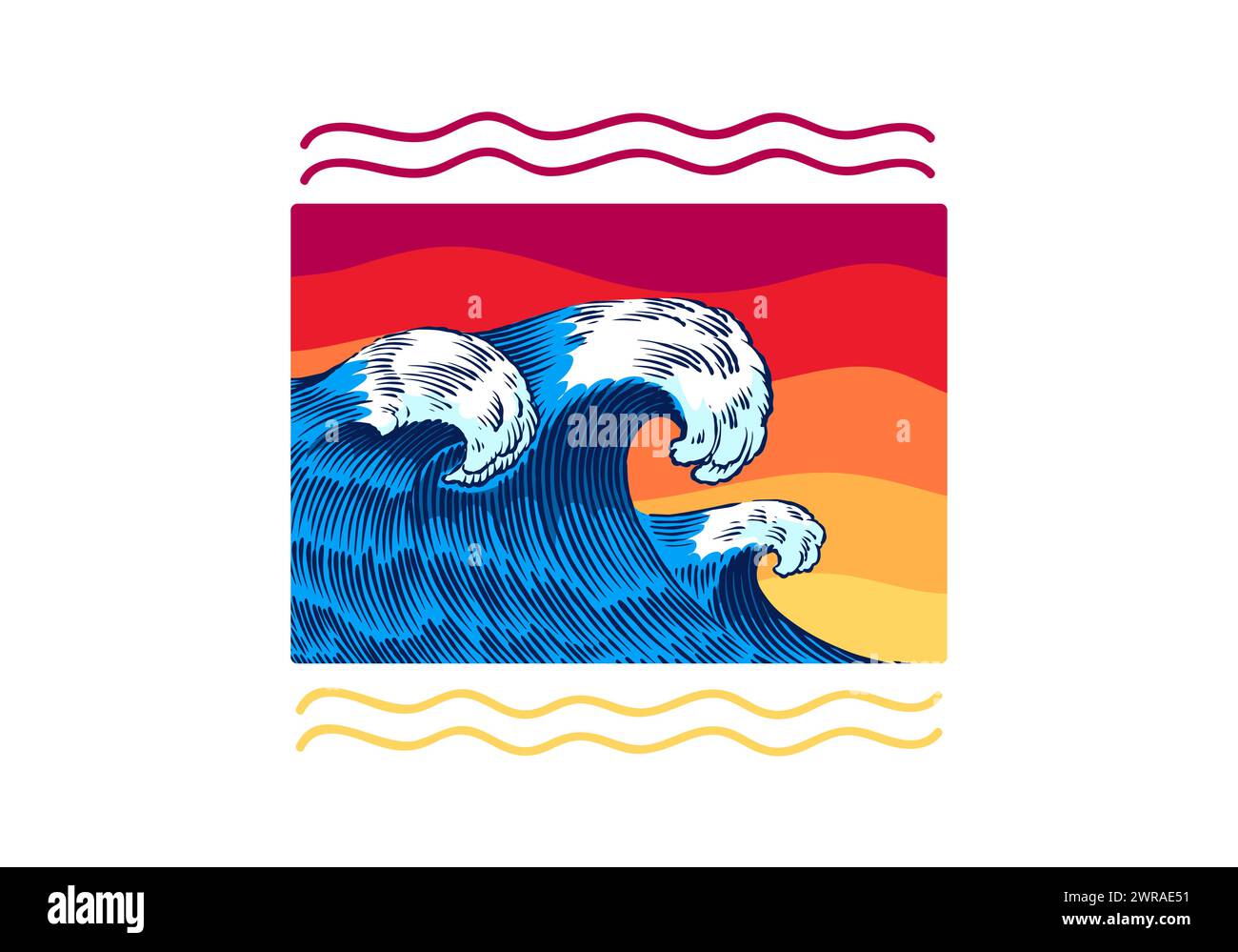 Atlantic tidal waves and red sun. Vintage old engraved hand drawn ...