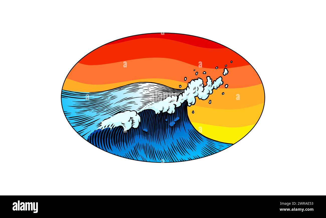 Atlantic tidal waves and red sun. Vintage old engraved hand drawn ...