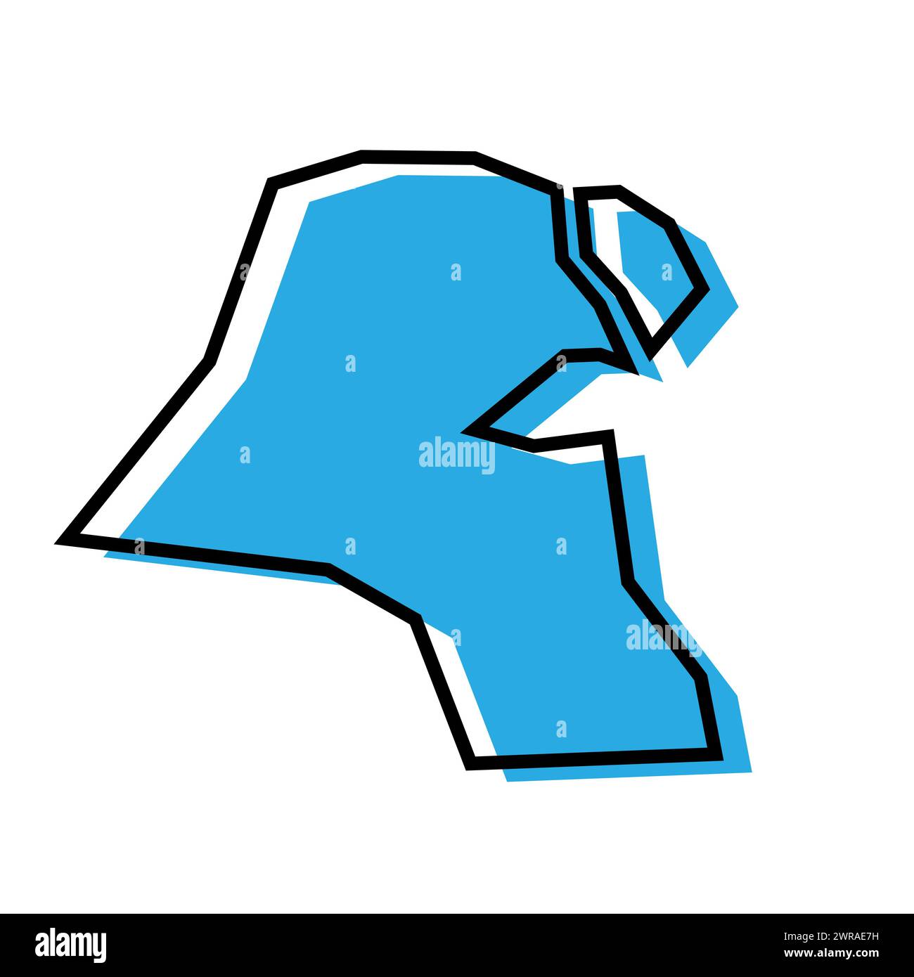 Kuwait country simplified map. Blue silhouette with thick black contour outline isolated on ...