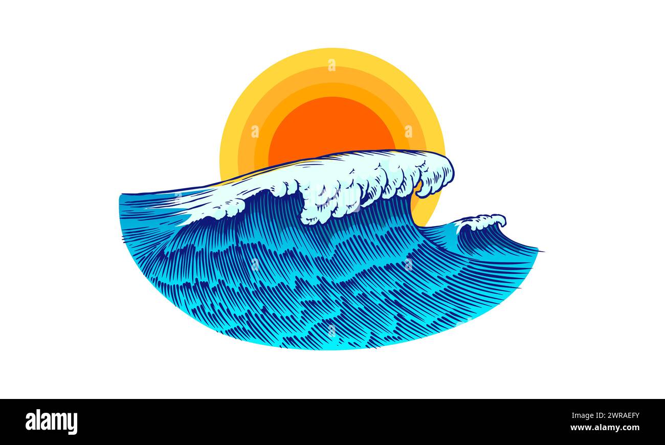 Atlantic tidal waves and red sun. Vintage old engraved hand drawn ...