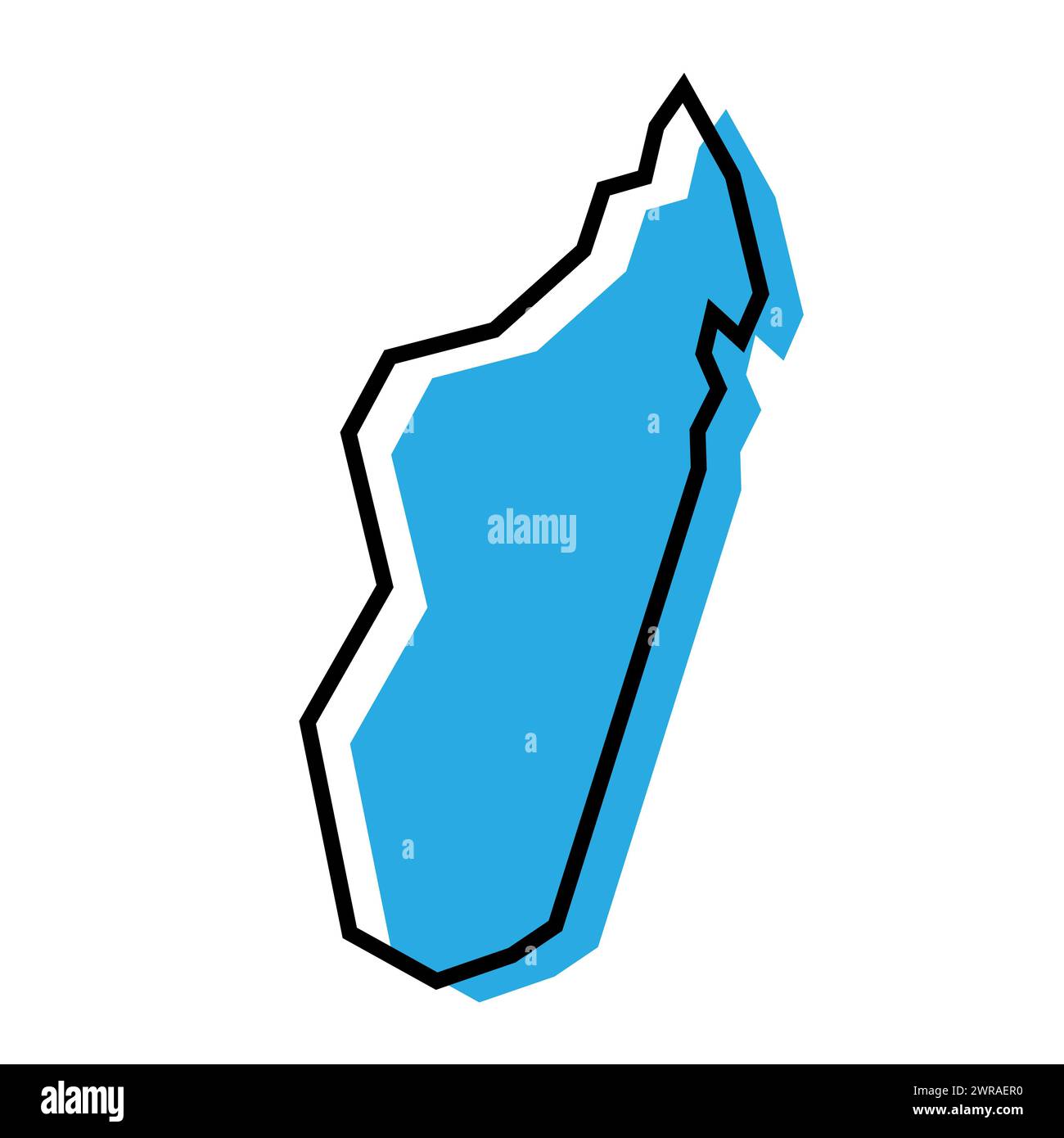Madagascar country simplified map. Blue silhouette with thick black contour outline isolated on ...