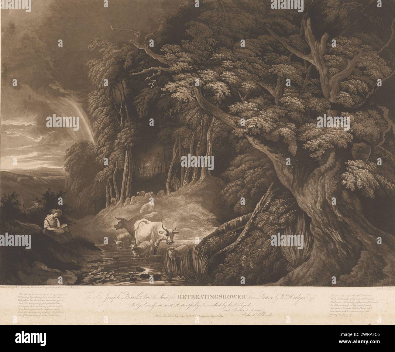 Landscape with resting shepherds by a stream and a receding rain storm ...