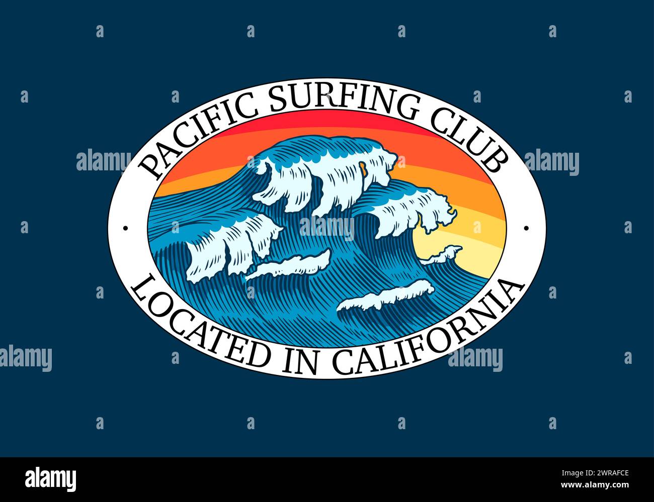 Atlantic tidal waves and red sun. Vintage old engraved hand drawn ...