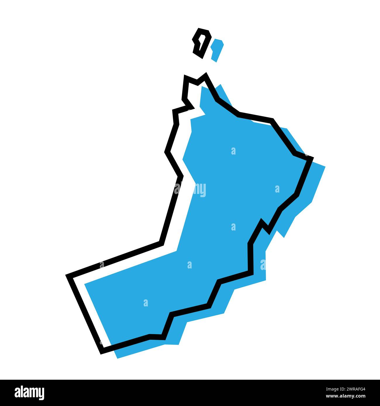 Oman country simplified map. Blue silhouette with thick black contour outline isolated on white ...