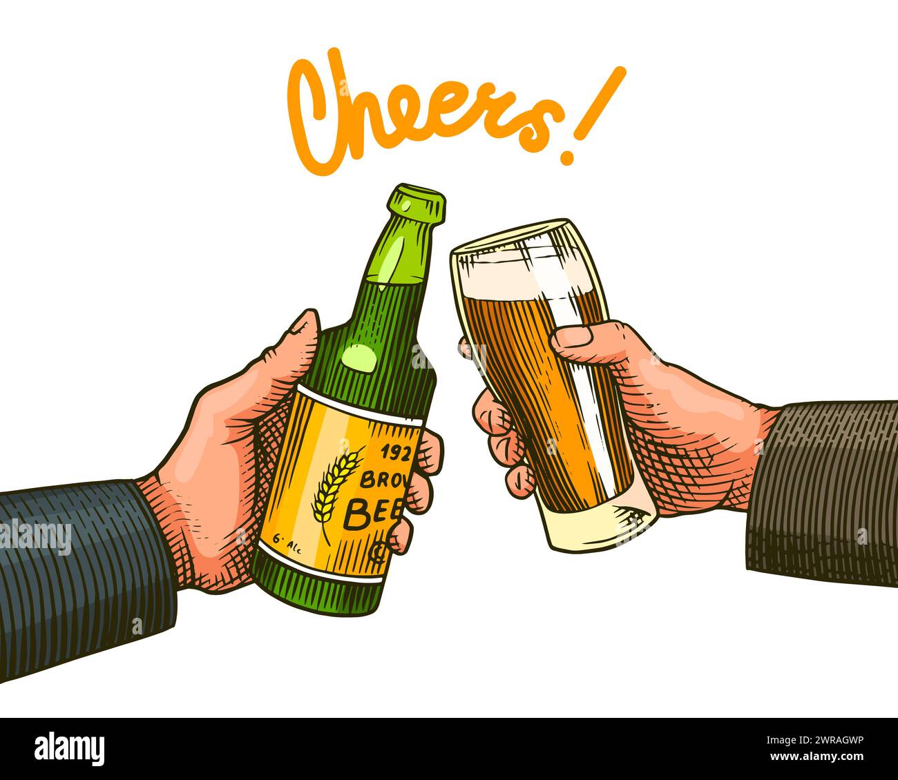 Cheers toast. Beer festival. Vintage Alcoholic. Mug with drink in hand ...