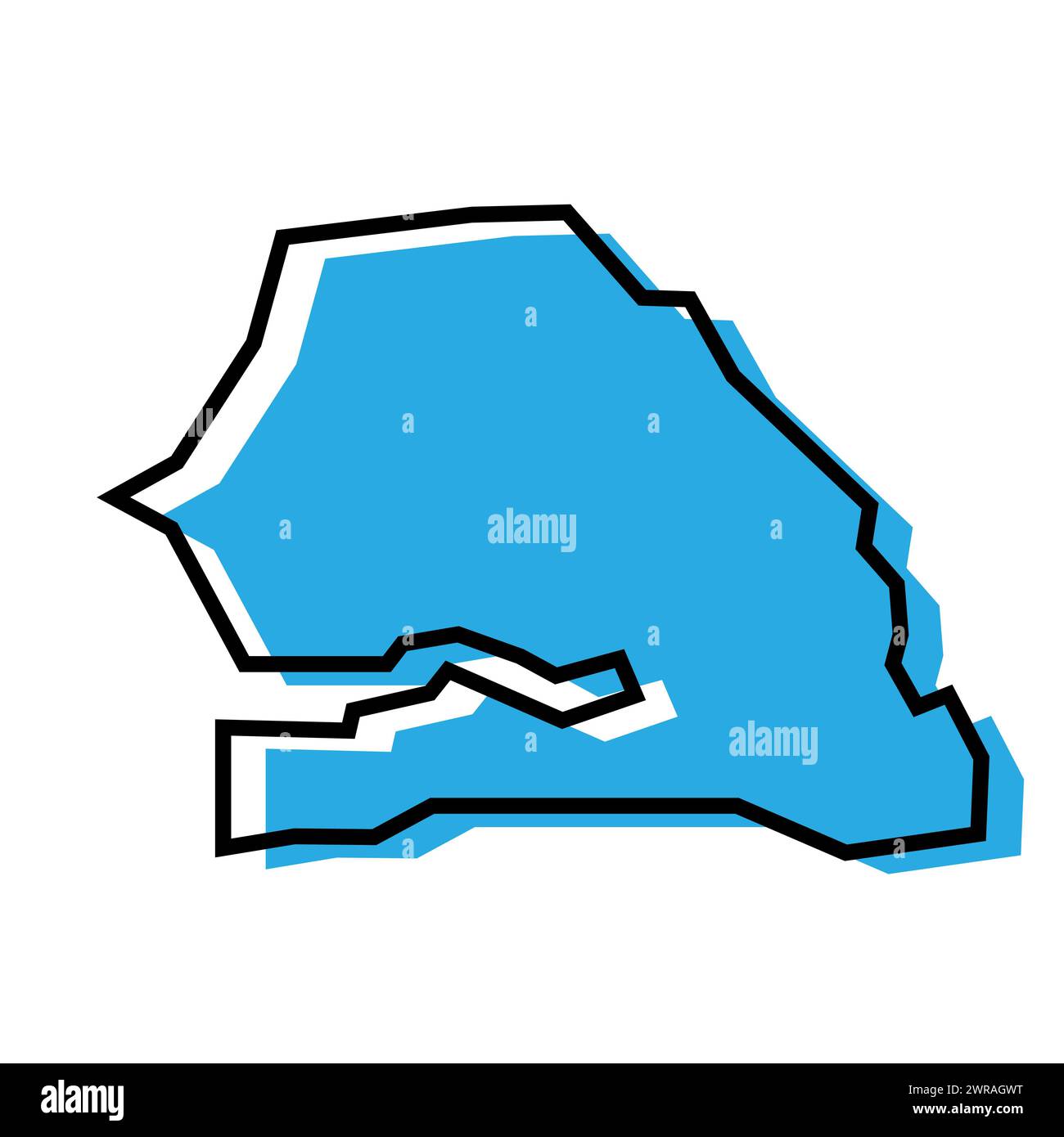 Senegal country simplified map. Blue silhouette with thick black contour outline isolated on ...