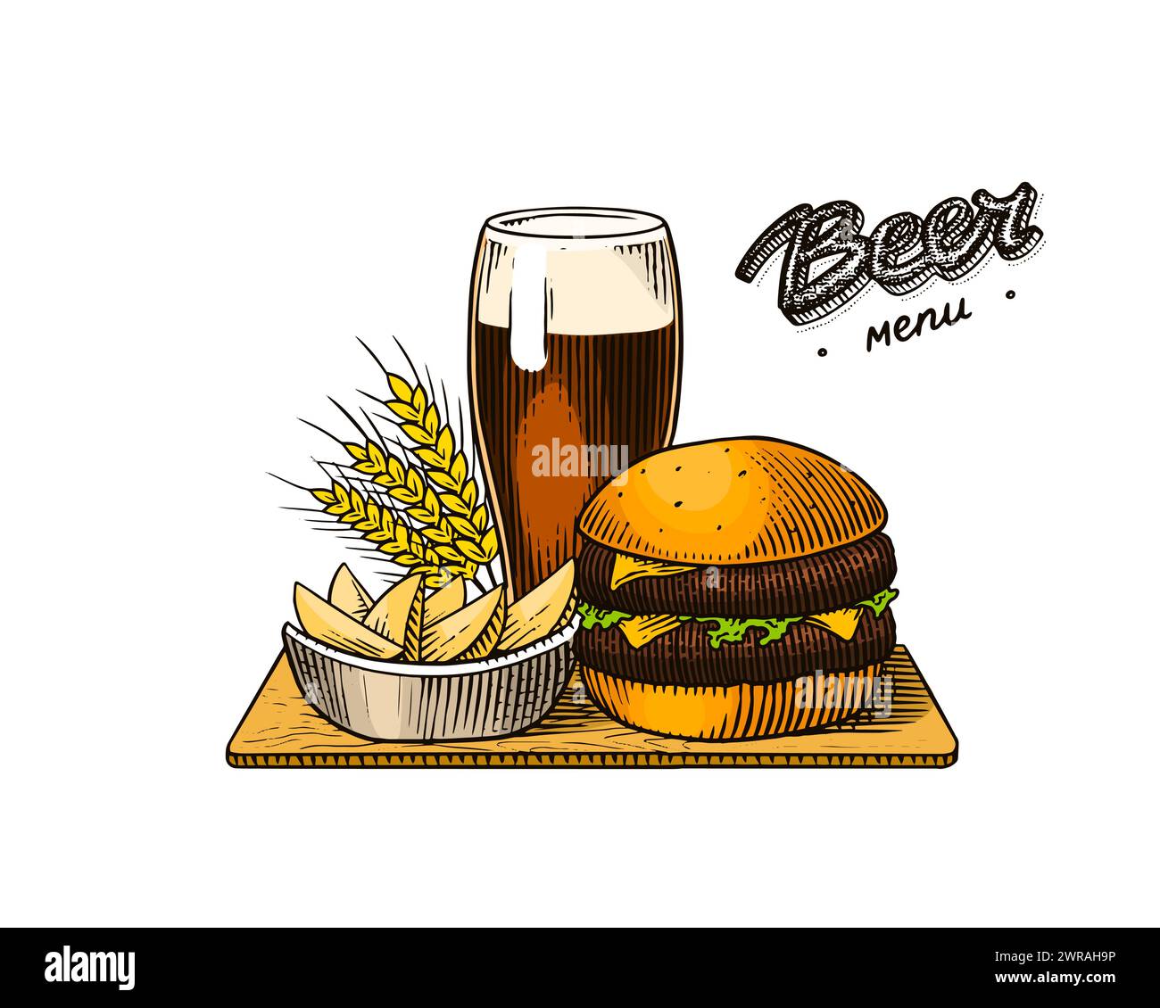 Combo set of fast food and beer for bar menu. Burger or sandwich and ...