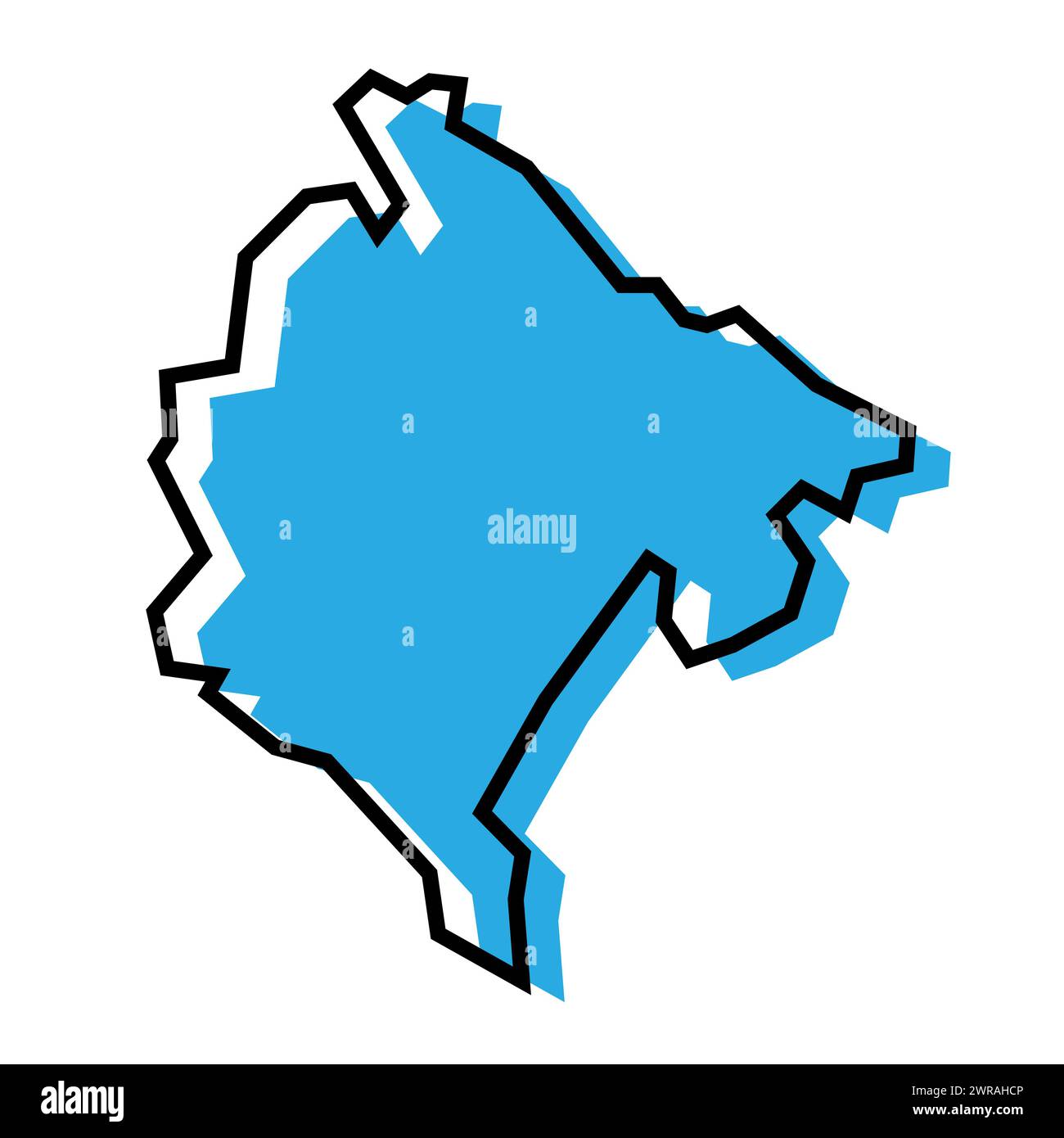 Montenegro country simplified map. Blue silhouette with thick black contour outline isolated on ...