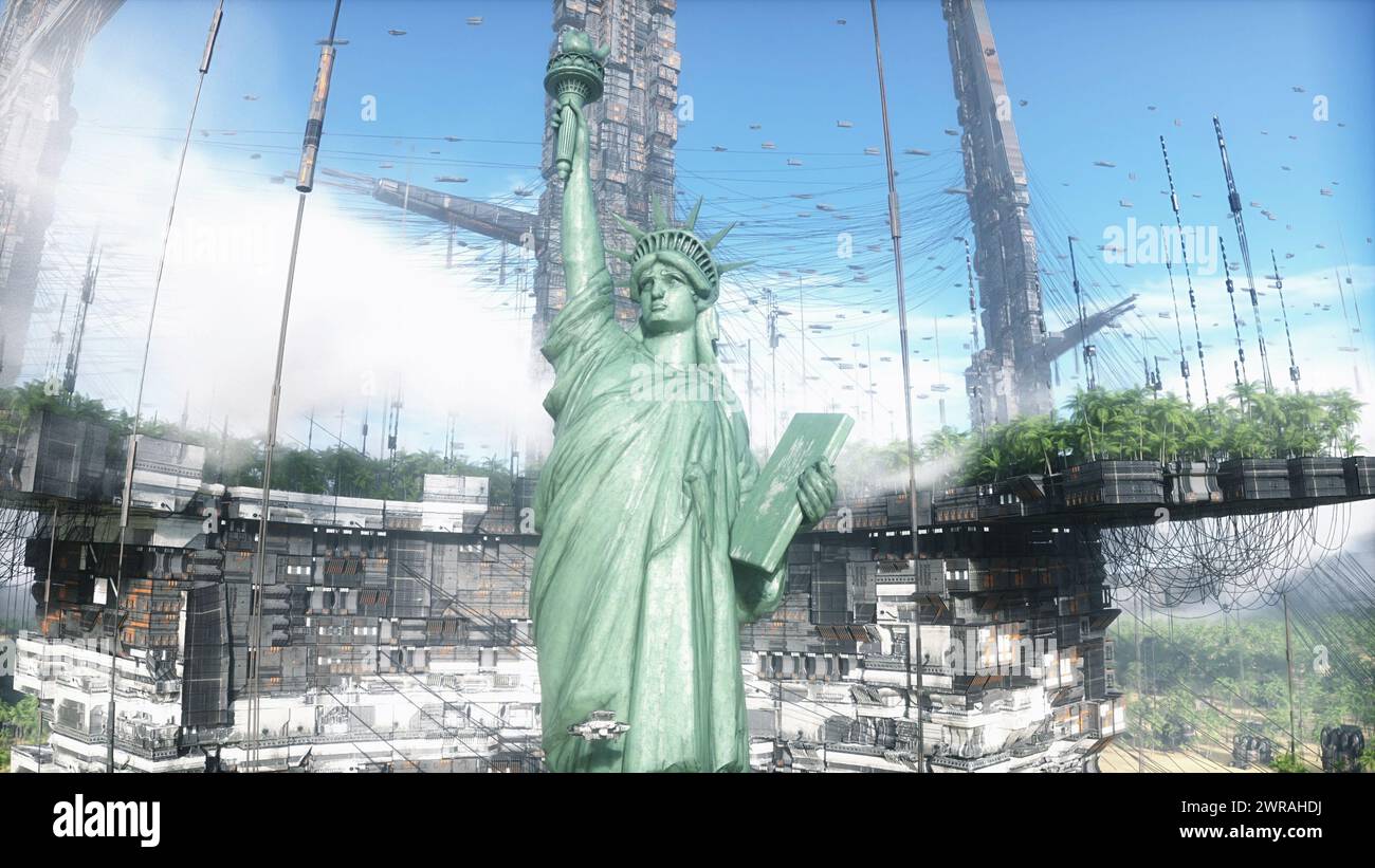 State of liberty in futuristic city, desert, flying cars and ships ...