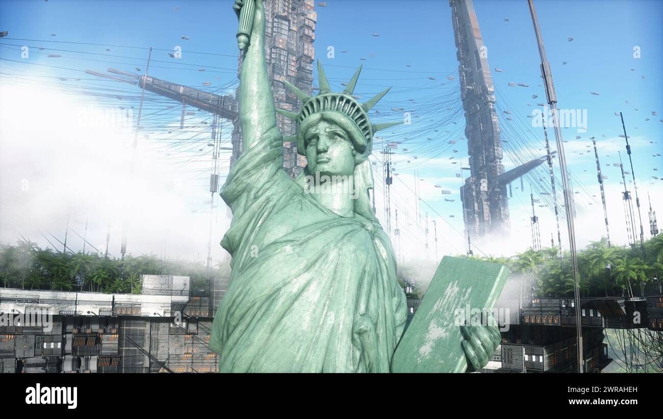 State of liberty in futuristic city, desert, flying cars and ships ...
