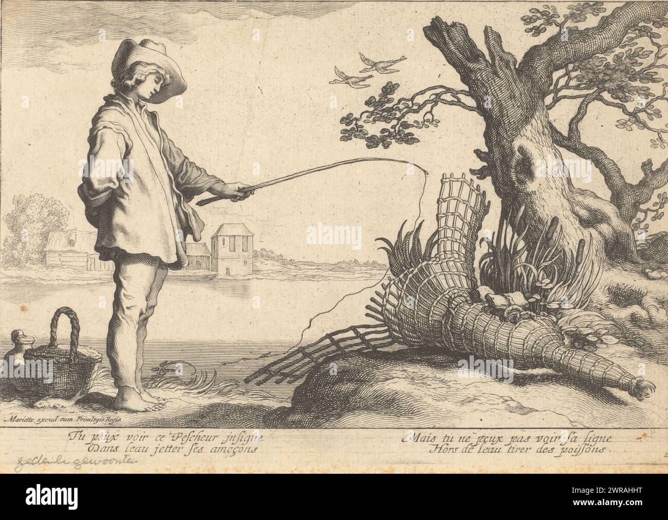 Angler by tree and trap, Four pastoral scenes (series title), A young ...