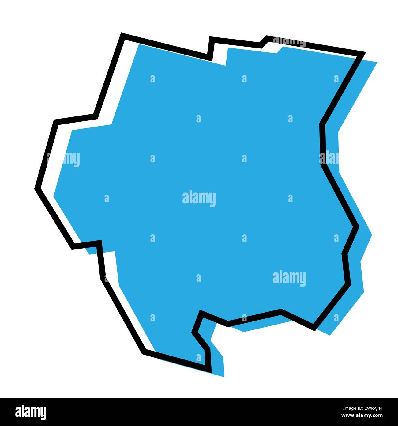 Suriname country simplified map. Blue silhouette with thick black contour outline isolated on ...