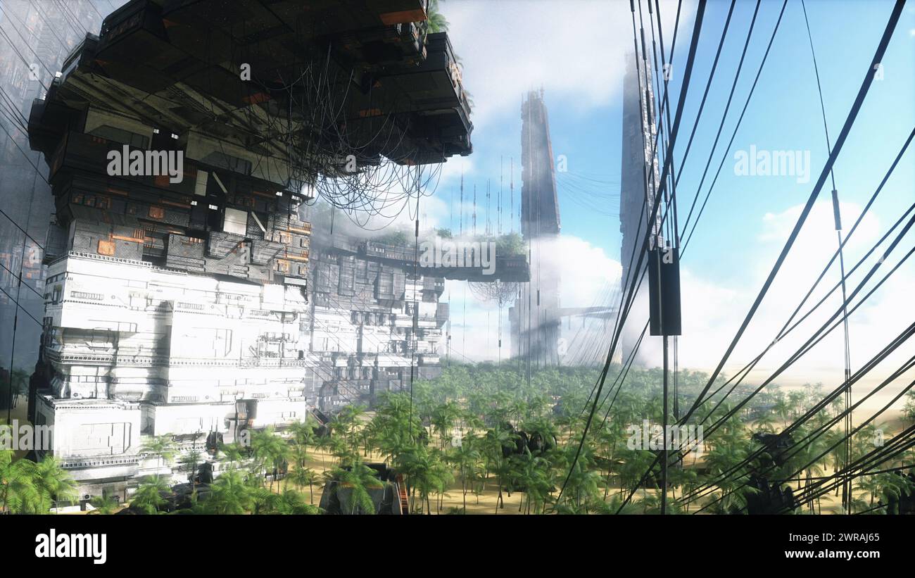 Futuristic city in desert, flying cars and ships traffic. Future ...